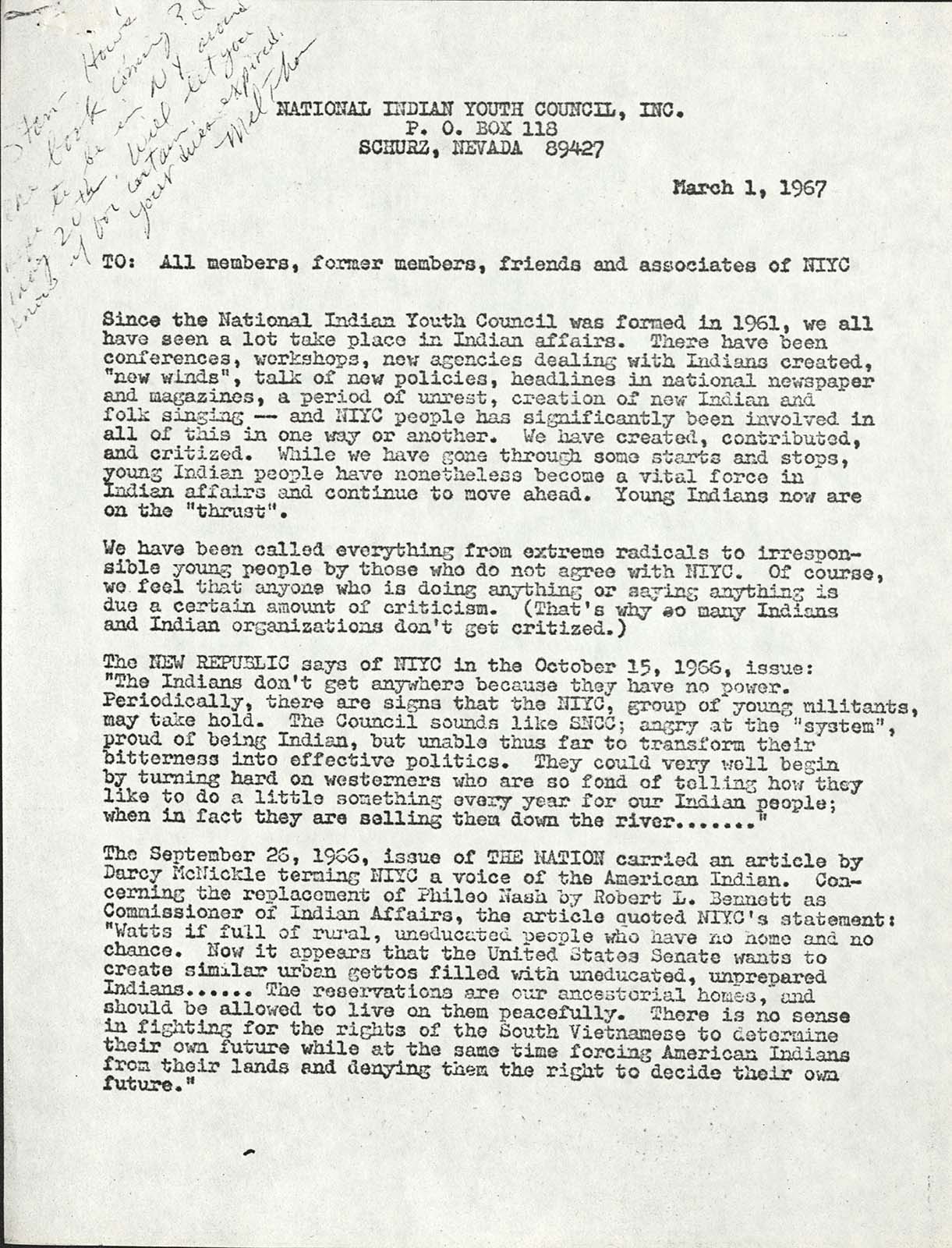 Letter to Members of the National Indian Youth Council, with a Personal ...